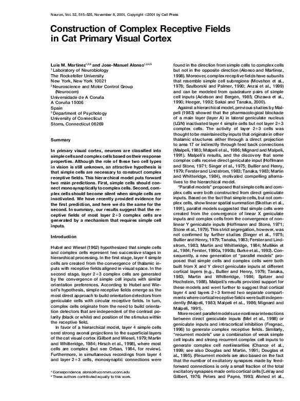 (PDF) Construction of Complex Receptive Fields in Cat Primary Visual Cortex