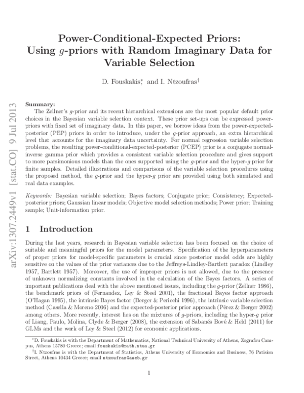 Pdf Power Conditional Expected Priors Using G Priors With Random Imaginary Data For Variable