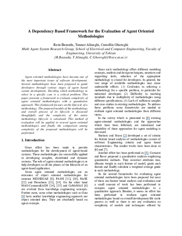 Pdf A Dependency Based Framework For The Evaluation Of Agent Oriented Methodologies Reza