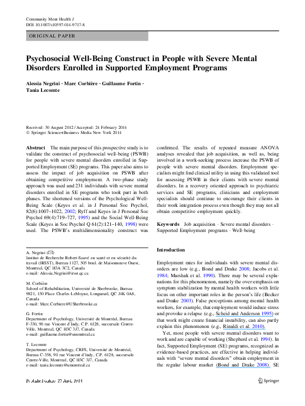 (PDF) Psychosocial Well-Being Construct in People with Severe Mental ...