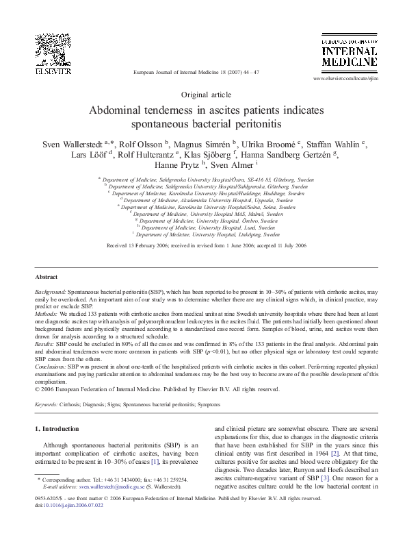 (PDF) Abdominal tenderness in ascites patients indicates spontaneous ...