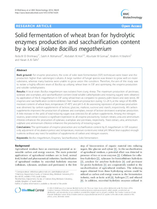 (PDF) Solid fermentation of wheat bran for hydrolytic enzymes production and saccharification ...