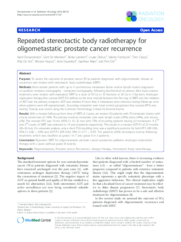 (PDF) Repeated stereotactic body radiotherapy for oligometastatic prostate cancer recurrence ...