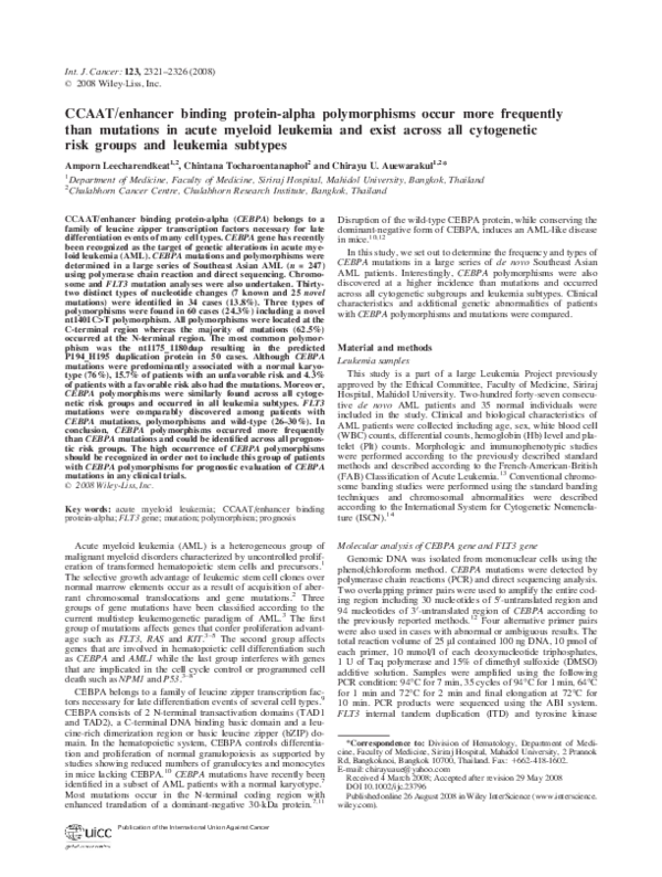 Pdf Detection Of Cebpa Mutation Gene In Acute Myeloid Leukemia