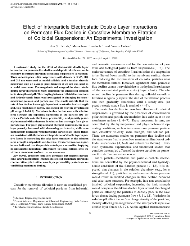 Pdf Effect Of Interparticle Electrostatic Double Layer Interactions On Permeate Flux Decline