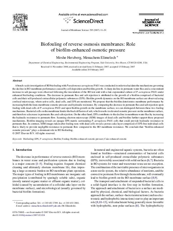 (PDF) Biofouling of reverse osmosis membranes: Role of biofilm-enhanced osmotic pressure