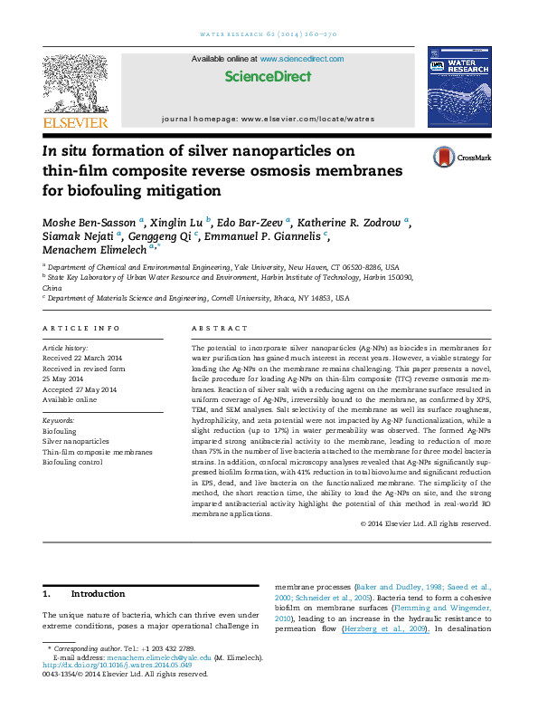 (PDF) In situ formation of silver nanoparticles on thin-film composite reverse osmosis membranes ...