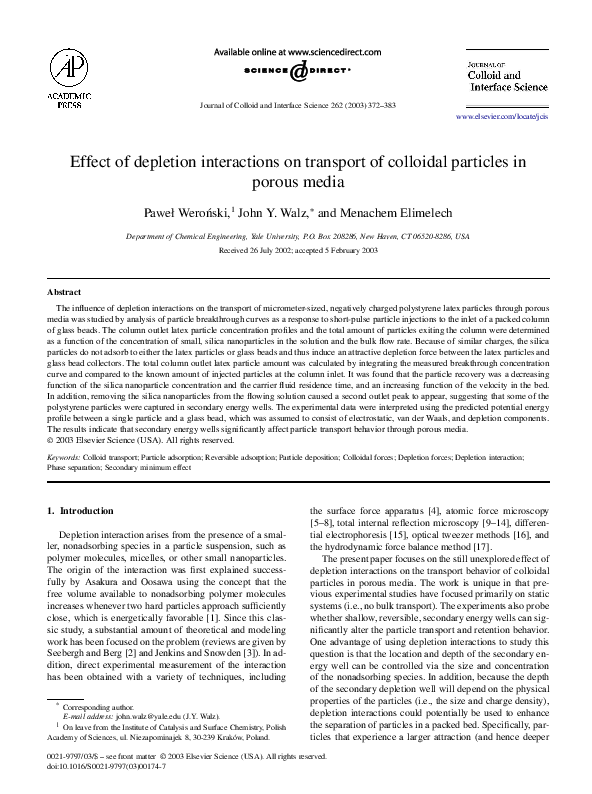 (PDF) Effect of depletion interactions on transport of colloidal ...
