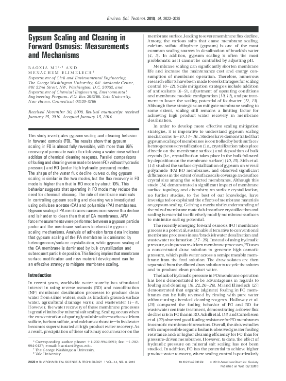 (PDF) Gypsum Scaling and Cleaning in Forward Osmosis: Measurements and ...