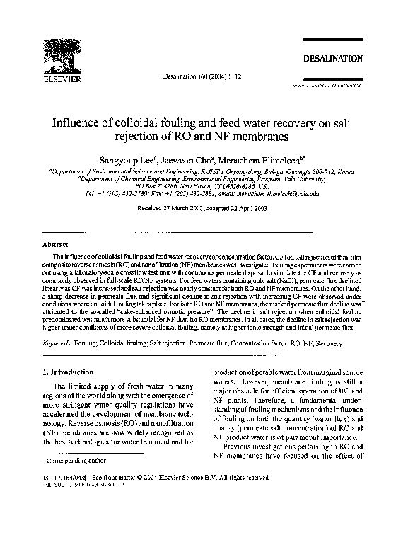 (PDF) Influence of colloidal fouling and feed water recovery on salt rejection of RO and NF ...