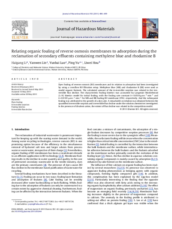 (PDF) Relating Organic Fouling of Reverse Osmosis Membranes to ...