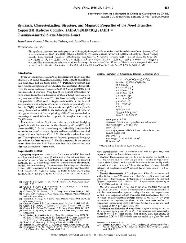 (PDF) Synthesis, characterization, structure, and magnetic properties of the novel trinuclear ...