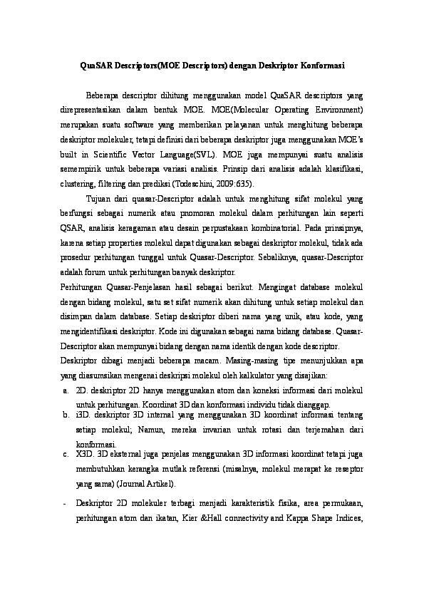 (DOC) QuaSAR Descriptors(MOE Descriptors) dengan Deskriptor Konformasi