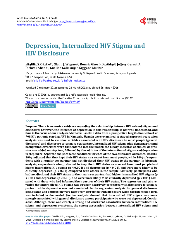 (PDF) Depression, Internalized HIV Stigma and HIV Disclosure