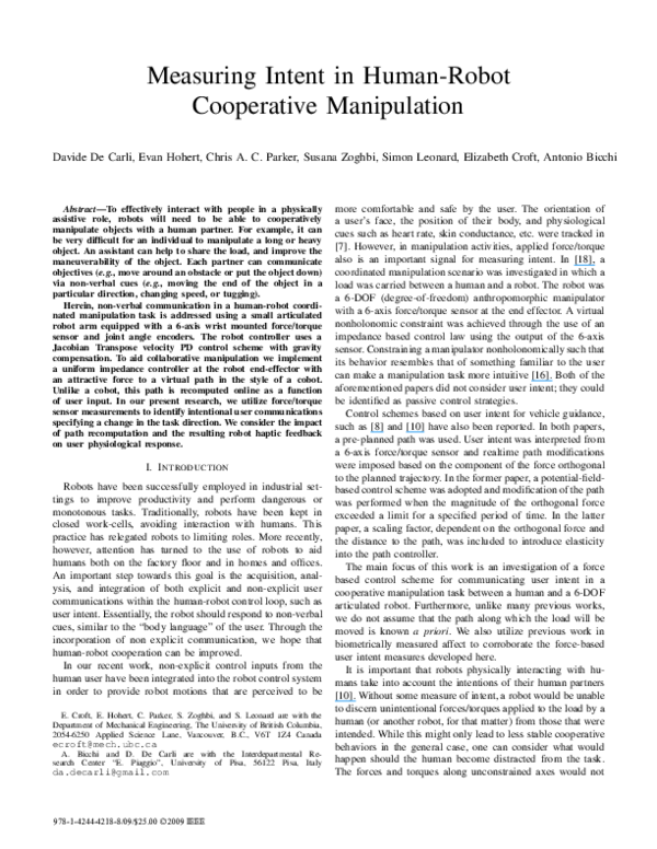 (PDF) Measuring intent in human-robot cooperative manipulation