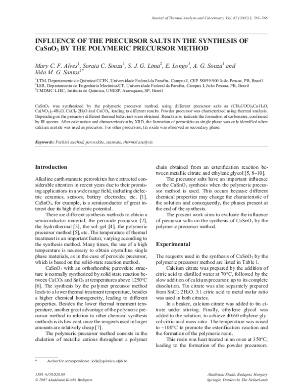 (PDF) Influence of the precursor salts in the synthesis of CaSnO3 by ...