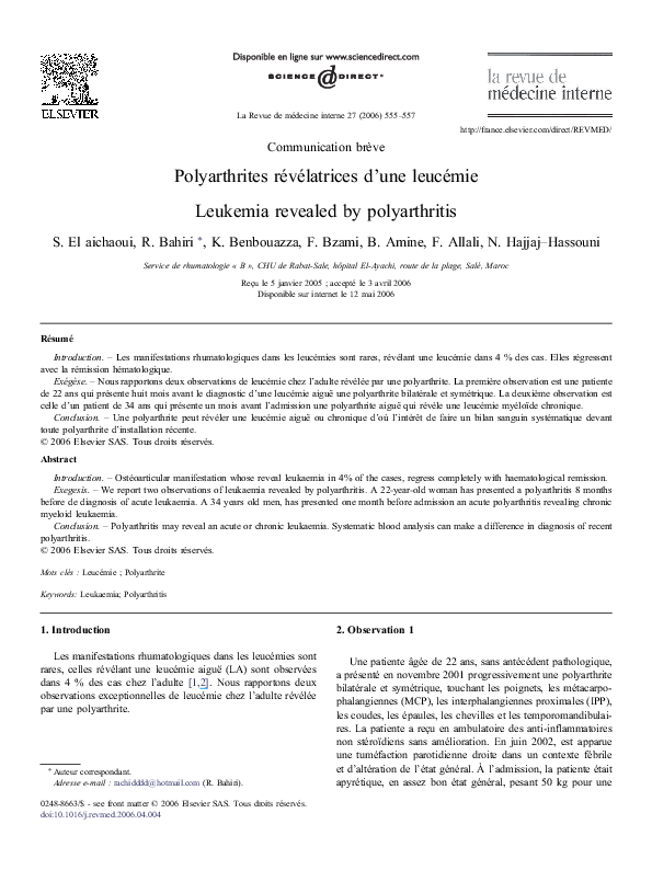 (PDF) Polyarthrite chronique révélatrice d'une leucémie aiguë