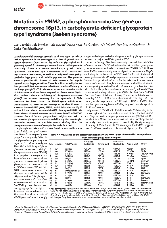 (PDF) Mutations in PMM2, a phosphomannomutase gene on chromosome 16p13 ...