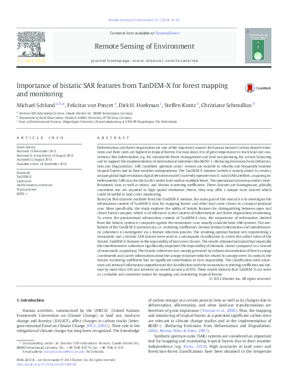 (PDF) Importance of bistatic SAR features from TanDEM-X for forest mapping and monitoring
