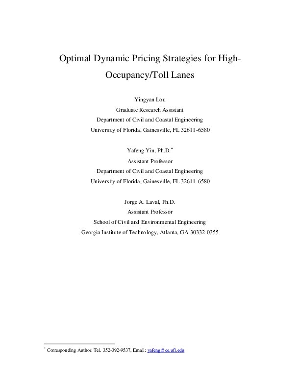 (PDF) Optimal dynamic pricing strategies for high-occupancy/toll lanes