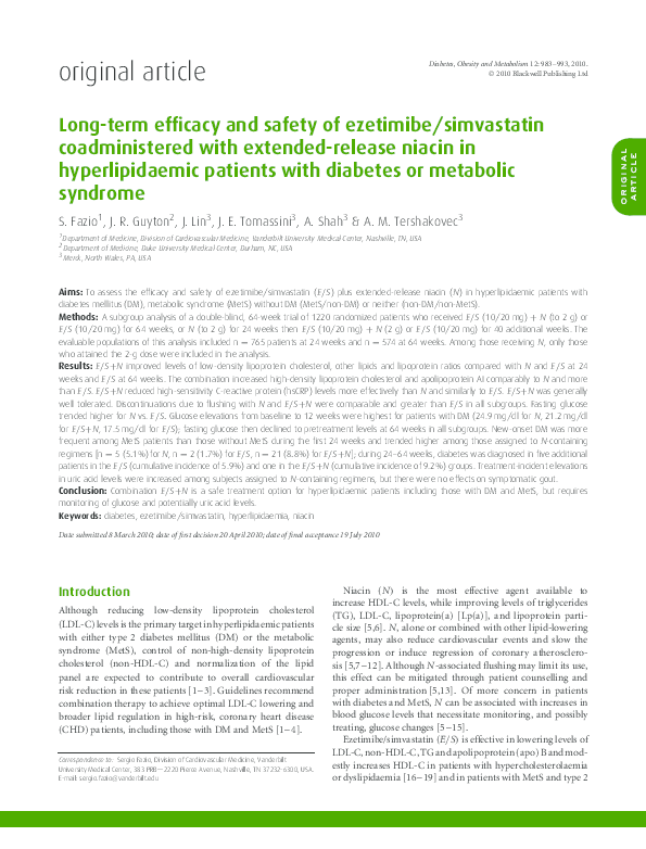 (PDF) Efficacy of E/S and Niacin in Hyperlipidaemia