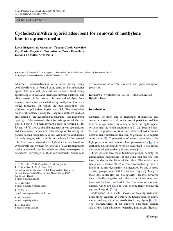 (PDF) Cyclodextrin/silica hybrid adsorbent for removal of methylene blue in aqueous media ...