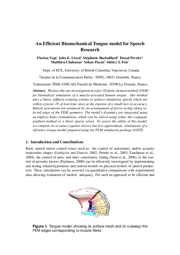 (PDF) An Efficient Biomechanical Tongue model for Speech Research
