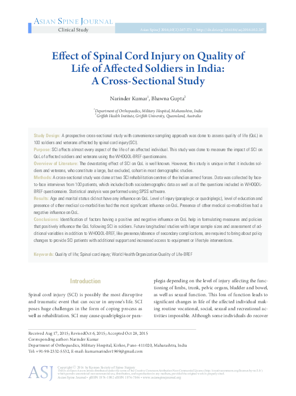 (PDF) Effect of spinal cord injury on quality of life Effect of Spinal ...