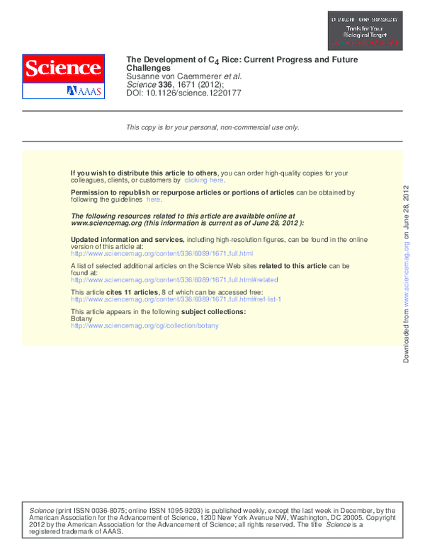 (PDF) The Development of C4 Rice: Current Progress and Future Challenges