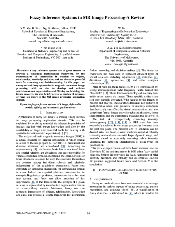 (PDF) Fuzzy inference systems in MR image processing-a review