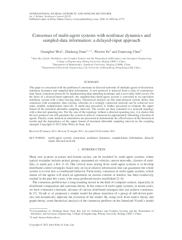Pdf Consensus Of Multi Agent Systems With Nonlinear Dynamics And Sampled Data Information A