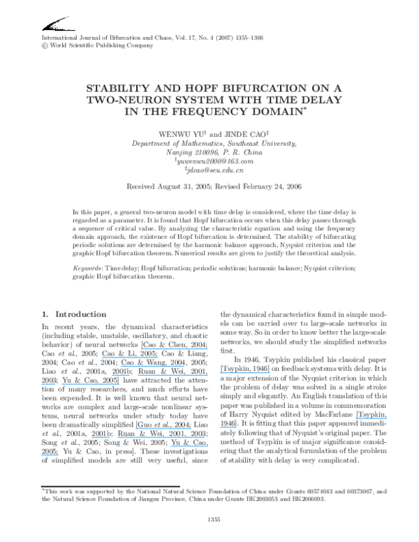 (PDF) STABILITY AND HOPF BIFURCATION ON A TWO-NEURON SYSTEM WITH TIME DELAY IN THE FREQUENCY DOMAIN