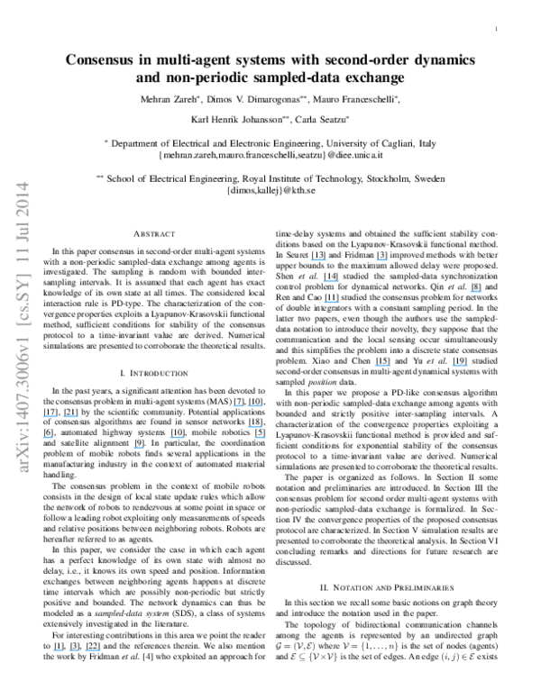 Pdf Consensus In Multi Agent Systems With Second Order Dynamics And Sampled Data