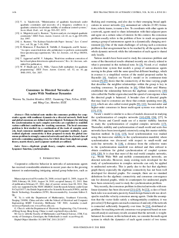 Pdf Consensus In Directed Networks Of Agents With Nonlinear Dynamics