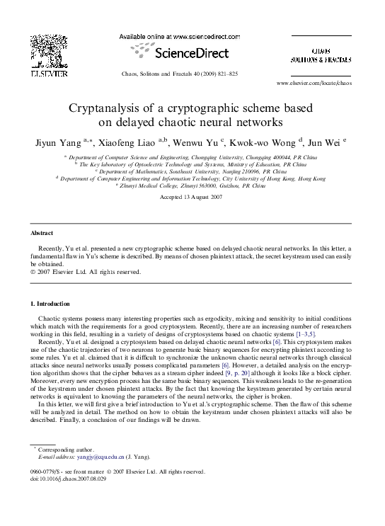 (PDF) Cryptanalysis of a cryptographic scheme based on delayed chaotic neural networks
