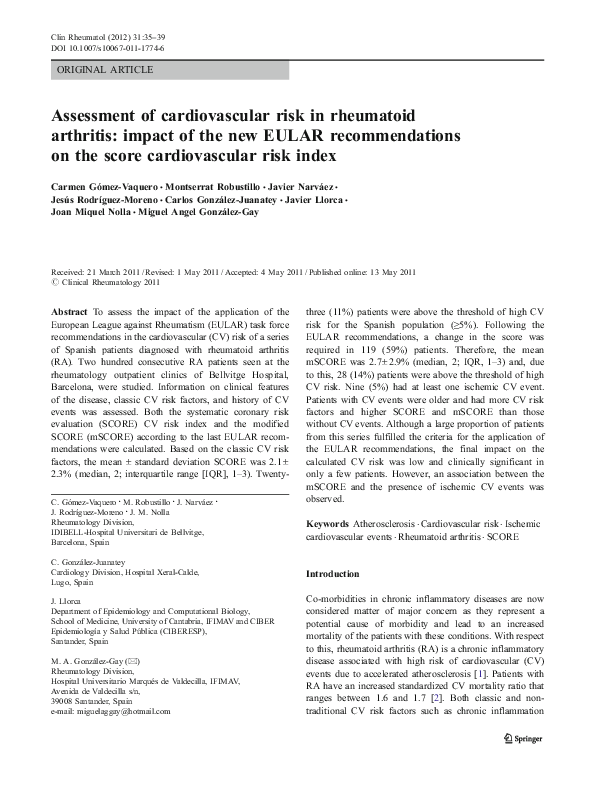 (PDF) Assessment of cardiovascular risk in rheumatoid arthritis: impact ...