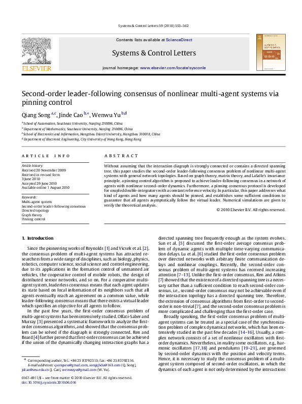 (PDF) Second-order leader-following consensus of nonlinear multi-agent systems via pinning control