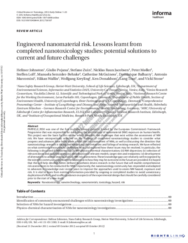 (PDF) Engineered nanomaterial risk. Lessons learnt from completed nanotoxicology studies ...