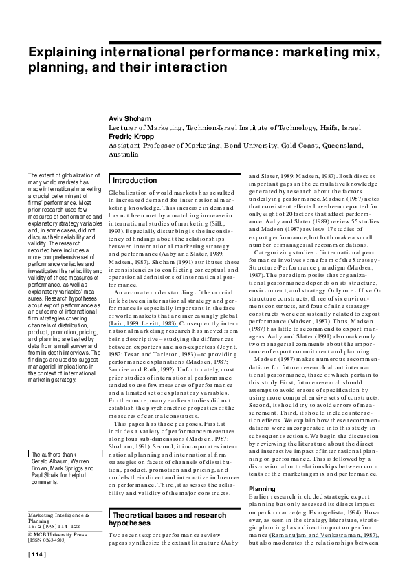 (PDF) Explaining international performance: marketing mix, planning ...