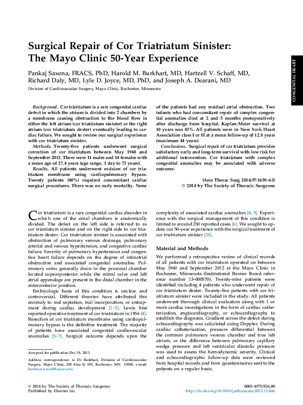 (PDF) Surgical Repair of Cor Triatriatum Sinister: The Mayo Clinic 50 ...