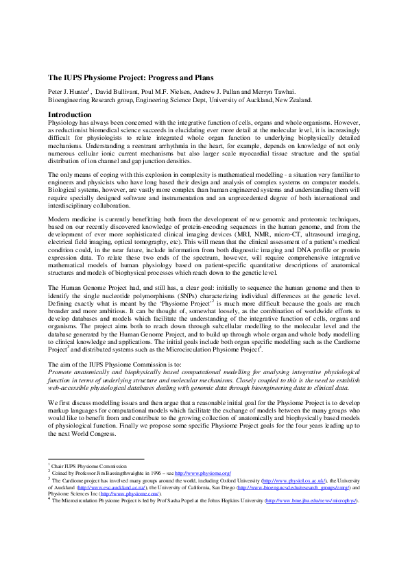 (PDF) The IUPS physiome project: progress and plans