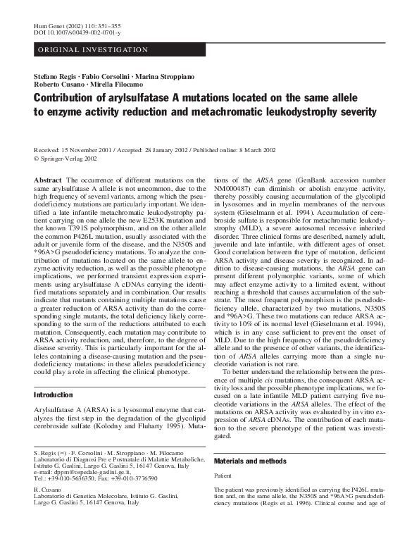 (PDF) Contribution of arylsulfatase A mutations located on the same ...