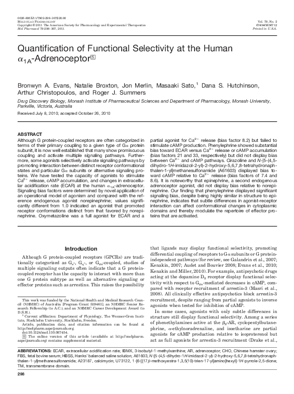 (PDF) Quantification of Functional Selectivity at the Human 1A-Adrenoceptor