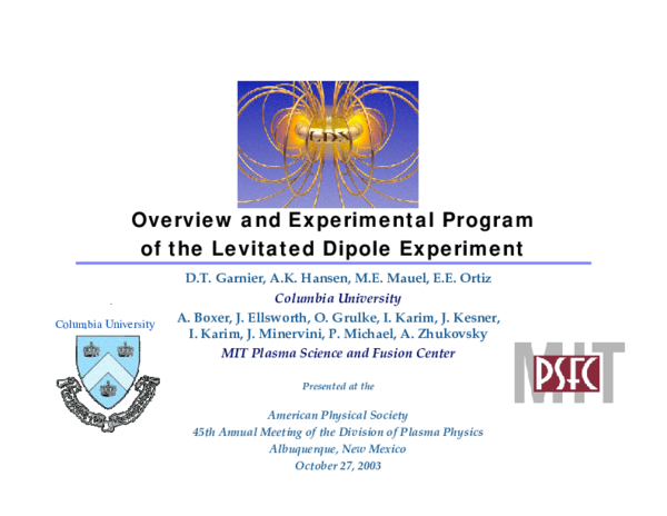 (PDF) Overview and Experimental Program of the Levitated Dipole Experiment