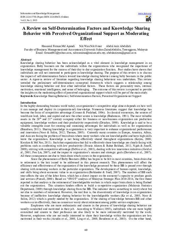 (PDF) A Review on Self-Determination Factors and Knowledge Sharing Behavior with Perceived ...