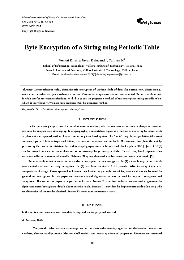 (PDF) Byte Encryption of a String using Periodic Table