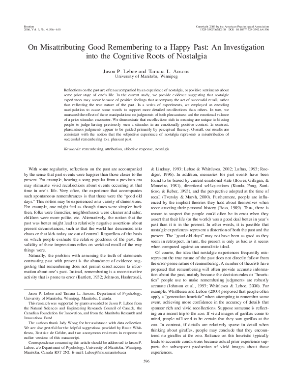 (PDF) On misattributing good remembering to a happy past: An ...