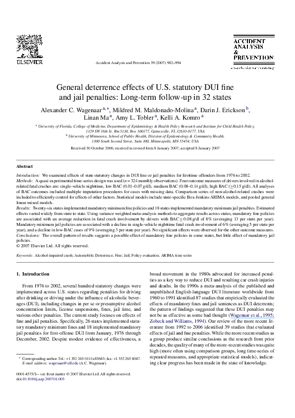 (PDF) General deterrence effects of U.S. statutory DUI fine and jail ...