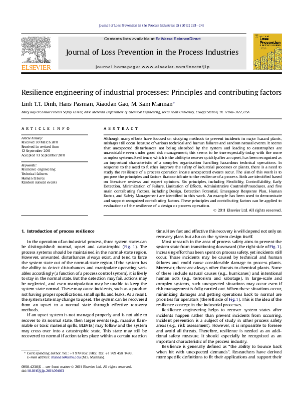 (PDF) Resilience engineering of industrial processes: Principles and ...