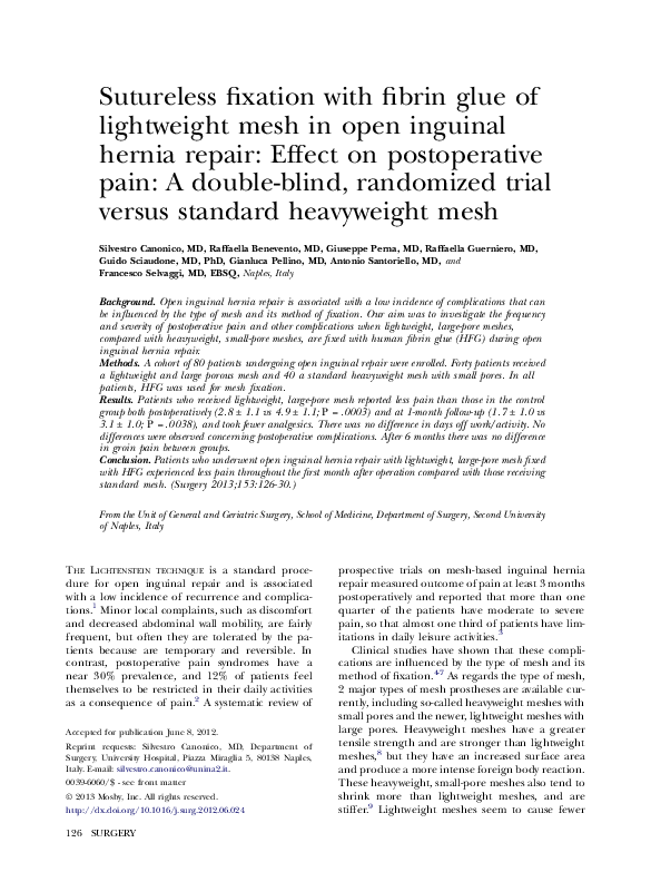 (PDF) Sutureless fixation with fibrin glue of lightweight mesh in open inguinal hernia repair ...